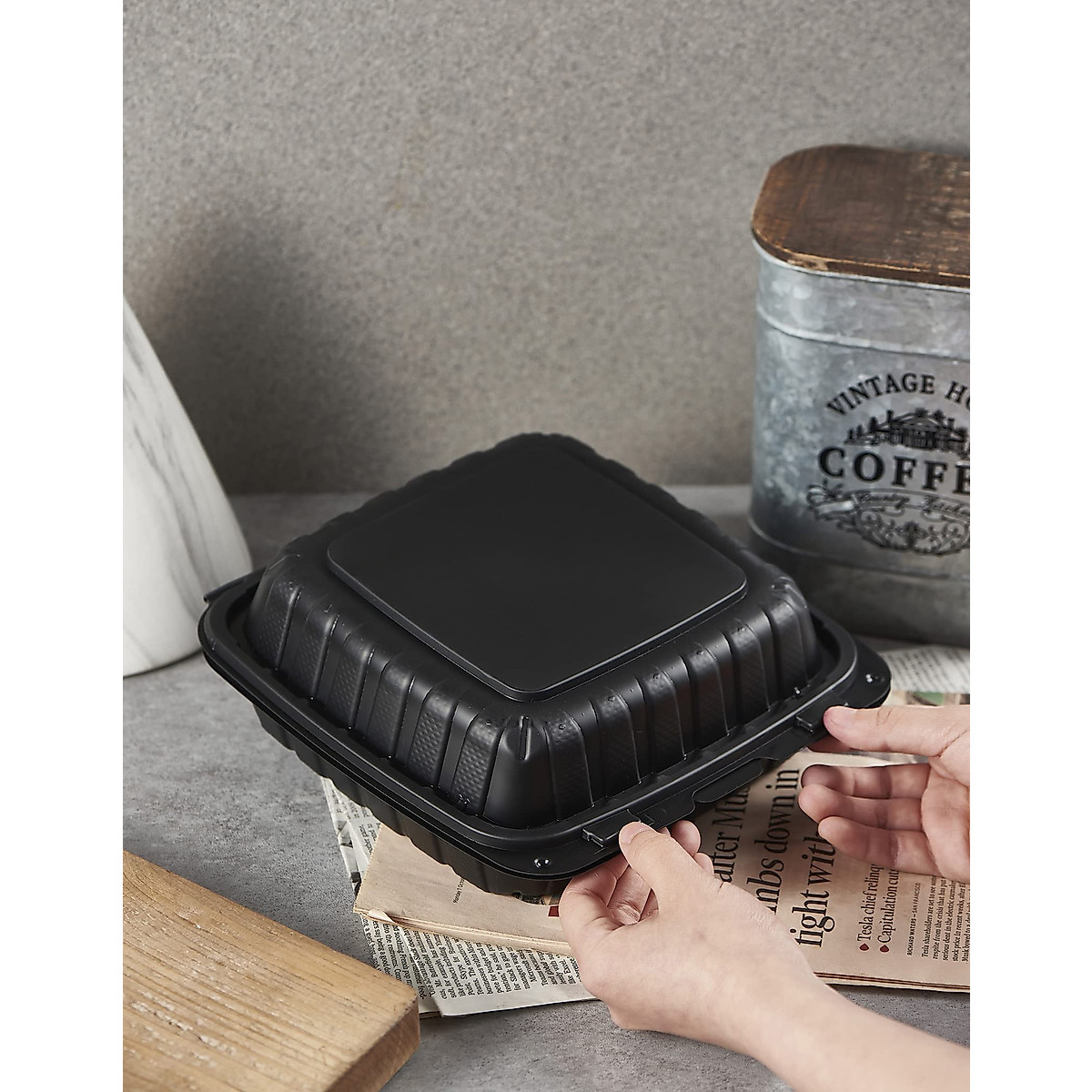 Jaluxing 8X8 3-Compartment 50-Pack Plastic Clamshell Takeout Food Trays Heavy Duty Togo Disposable Box Carryout Meal Prep Packaging Catering Hinged Containers With Secure Snap Lid (Formerly FULING)