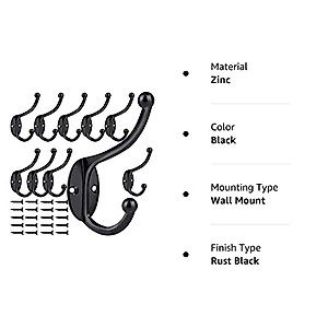 ZEYU Wall Hooks, 10Pcs Coat Hooks Hardware Towel Hooks for Hanging Coats Double No Rust Black Robe Hooks Wall Mounted with Screws for Key, Towel, Bags, Cup, Hat