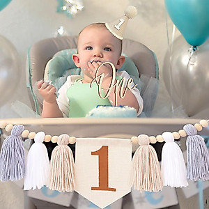 1st Birthday Highchair Banner Decorations For First Boys Khaki Cone Hat With One Cake Topper Photo Backdrop