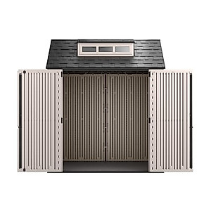 Rubbermaid Large Resin Outdoor Storage Shed With Floor (7 x 7 Ft.), Weather Resistant, Brown, Organization for Home/Lawn Mower/Backyard Equipment/Bike Storage/Pool Supplies