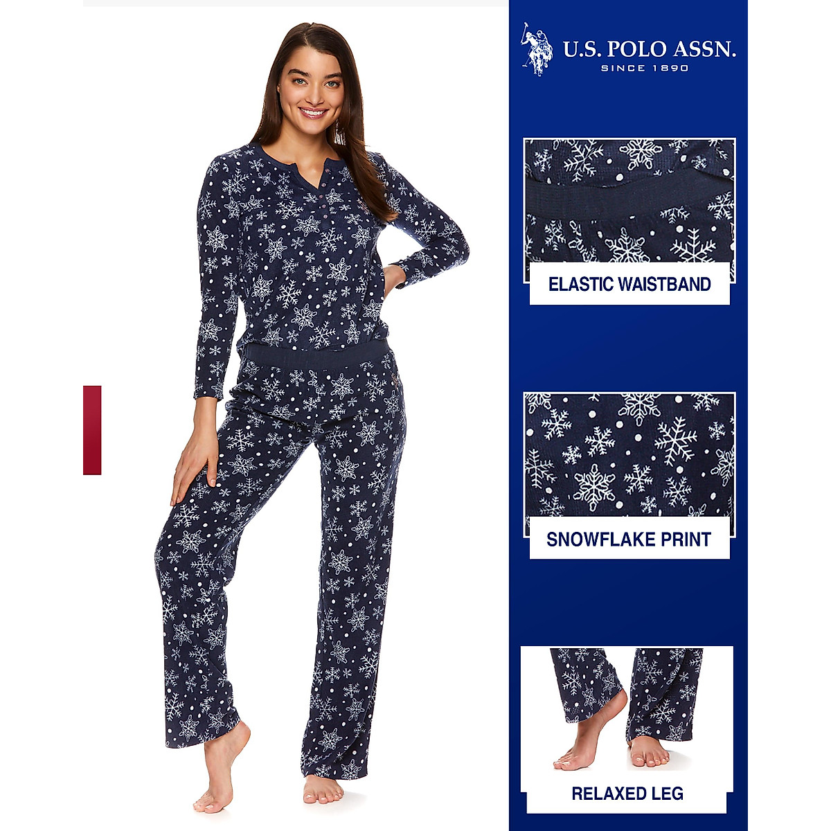 U.S. Polo Assn. Womens Pajama Sets, Snowflake Waffle Knit Pajama Sets for Women 2 Piece, Womens PJs Sets (Dark Navy, Medium)
