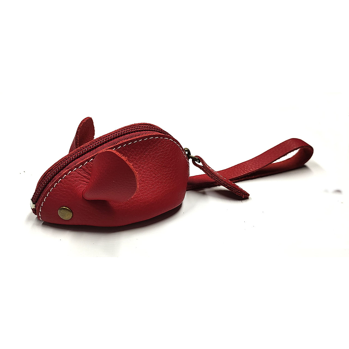 Genuine Leather Mouse Coin Purse Wallet, Womens Change Purse with Zipper, Cute Soft Leather Coin Pouch Mini Size - (Red)