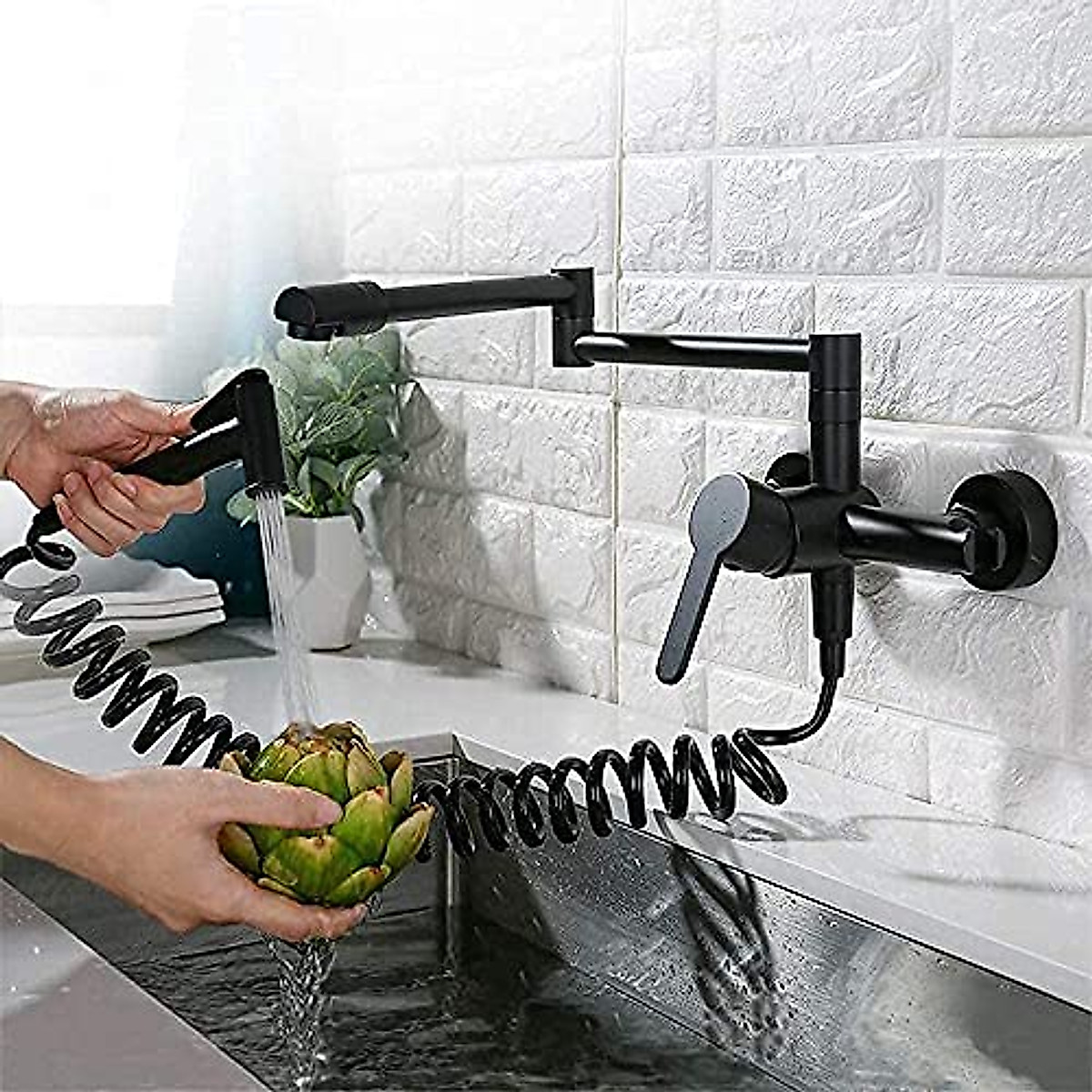 Kitchen Faucet Brass 3-Axis Rotate Foldable with Pull Out Sprayer Wall Mounted Single Handle Mixer Tap,Black