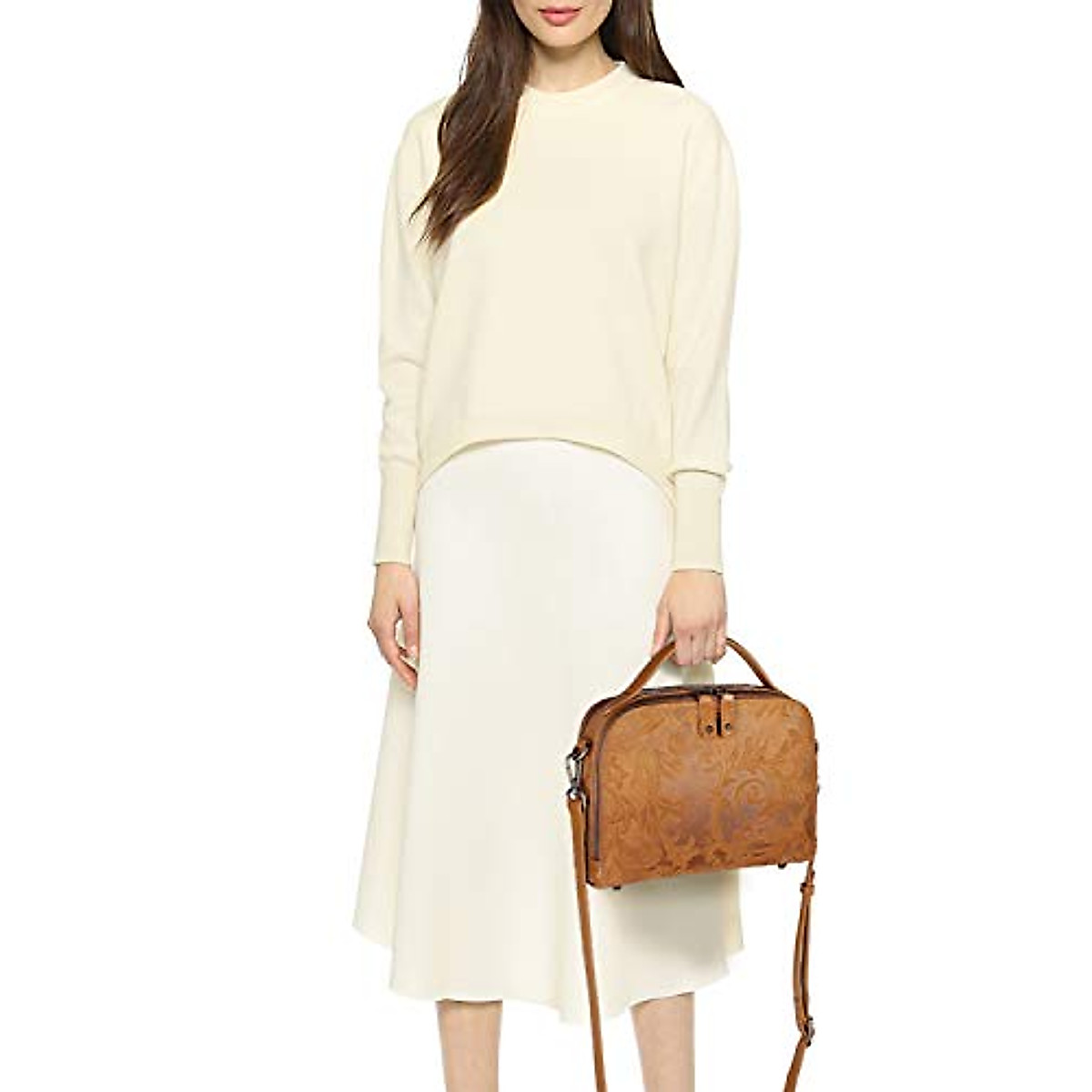 FEIMINA Women Genuine Leather Messenger Crossbody Handbag Design Embossed Floral Pattern Sling Satchel Shoulder Bag (Brown)