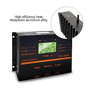 Fuhuihe Solar Charge Controller 80A, Battery Charge Regulator Auto 960W / 1920W 12V / 24V with LCD Display Mobile Power Supply Charger 5V USB Enhanced Heat Sink (80A)
