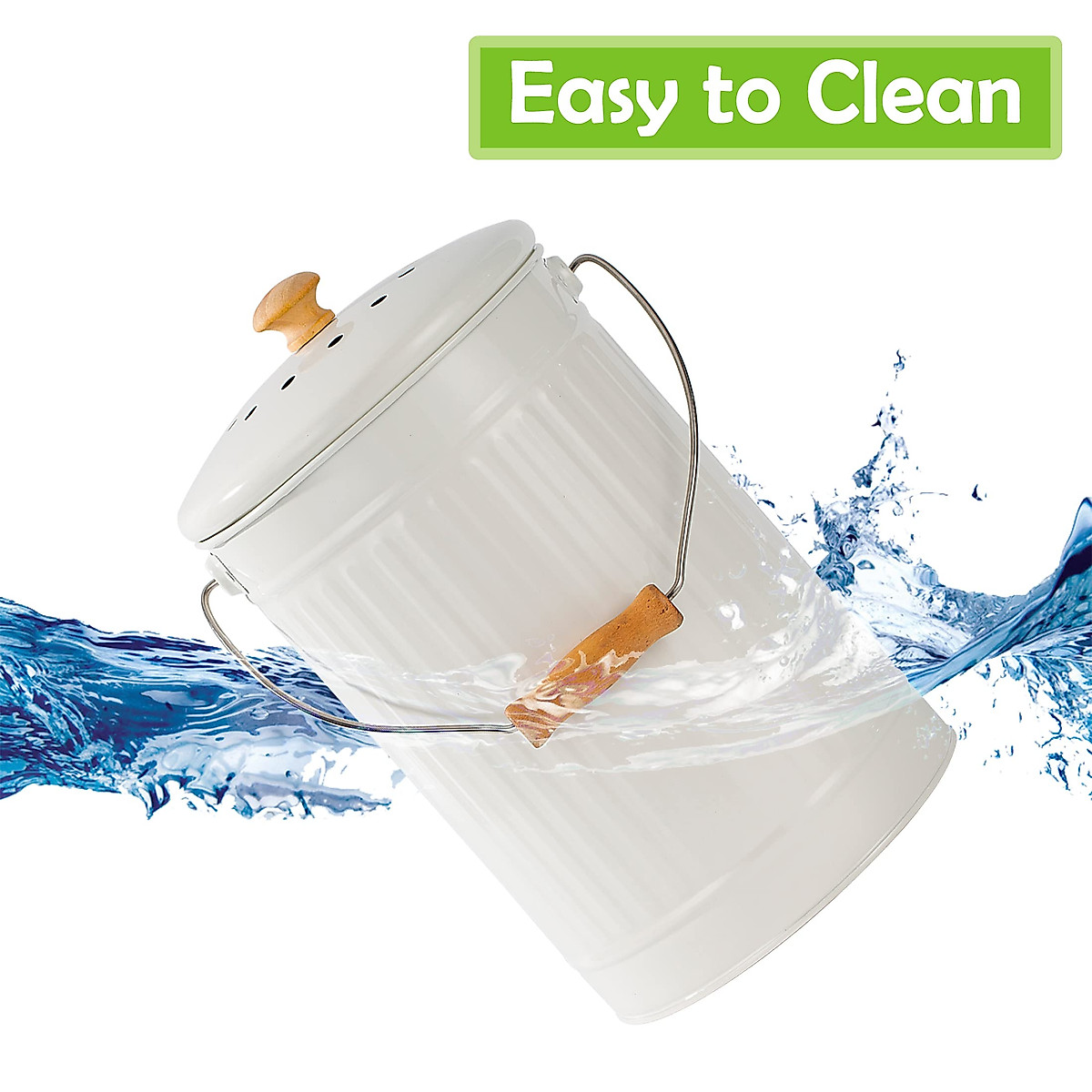 TreaHome Compost Bin, 1.7 Gallon Kitchen Compost Bin , Indoor Countertop Compost Bin, White Countertop Compost Bin with Lid, 100% Rust Proof Compost Bucket with Non-Smell Charcoal Filters (White)