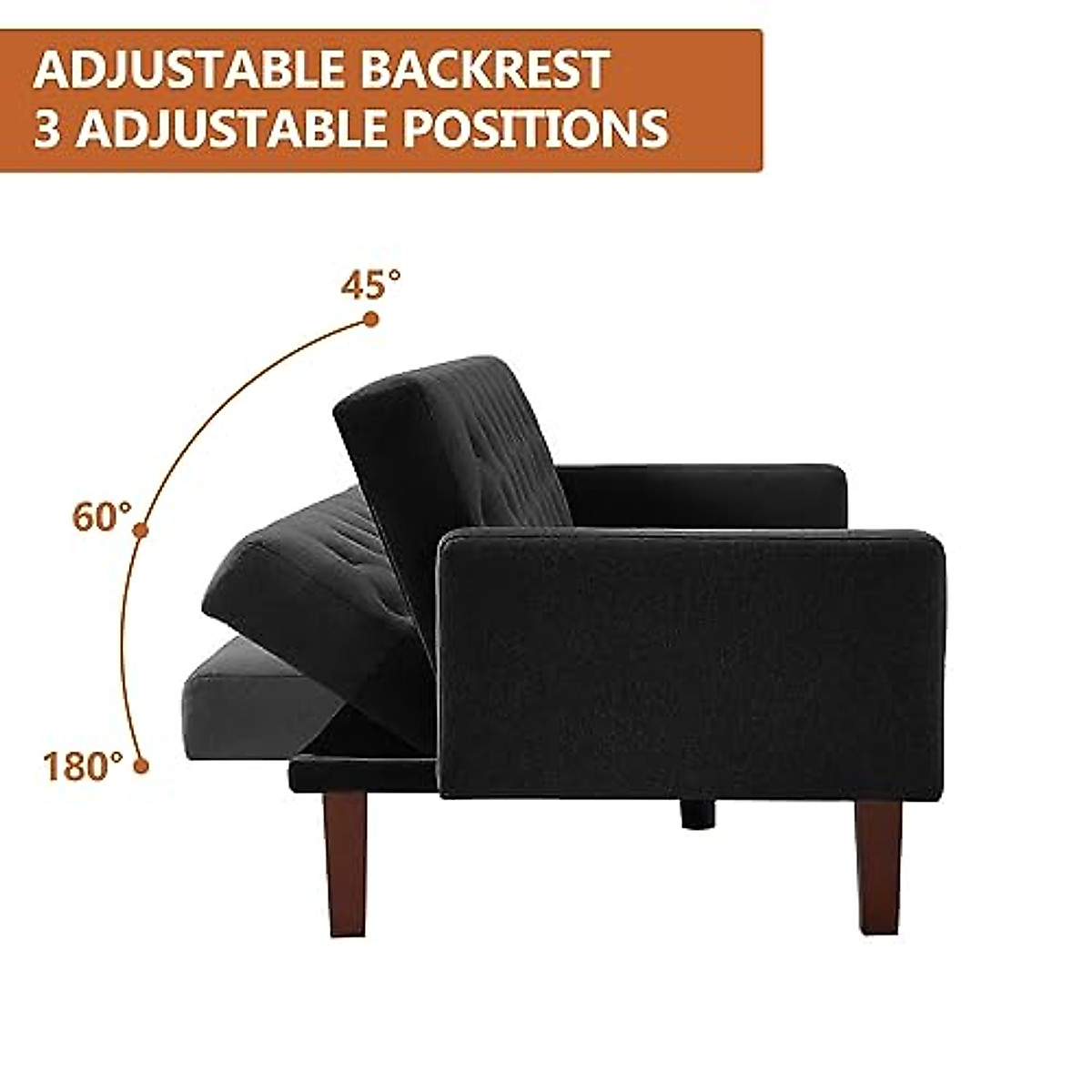 Fangflower Black Tufted Back Sofa Bed Mid-Century Convertible Sleeper Futon with Tapered Wood Legs for Living Room Apartment Lounge