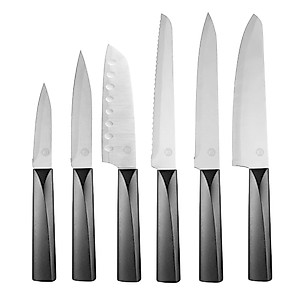 MasterChef Japanese Knife Set of 6 Kitchen Knives (Chef, Utility, Paring, Boning, Bread & Santoku) with Extra Sharp Stainless Steel Blades for Professional Cutting & Chopping, Stylish Black Handles