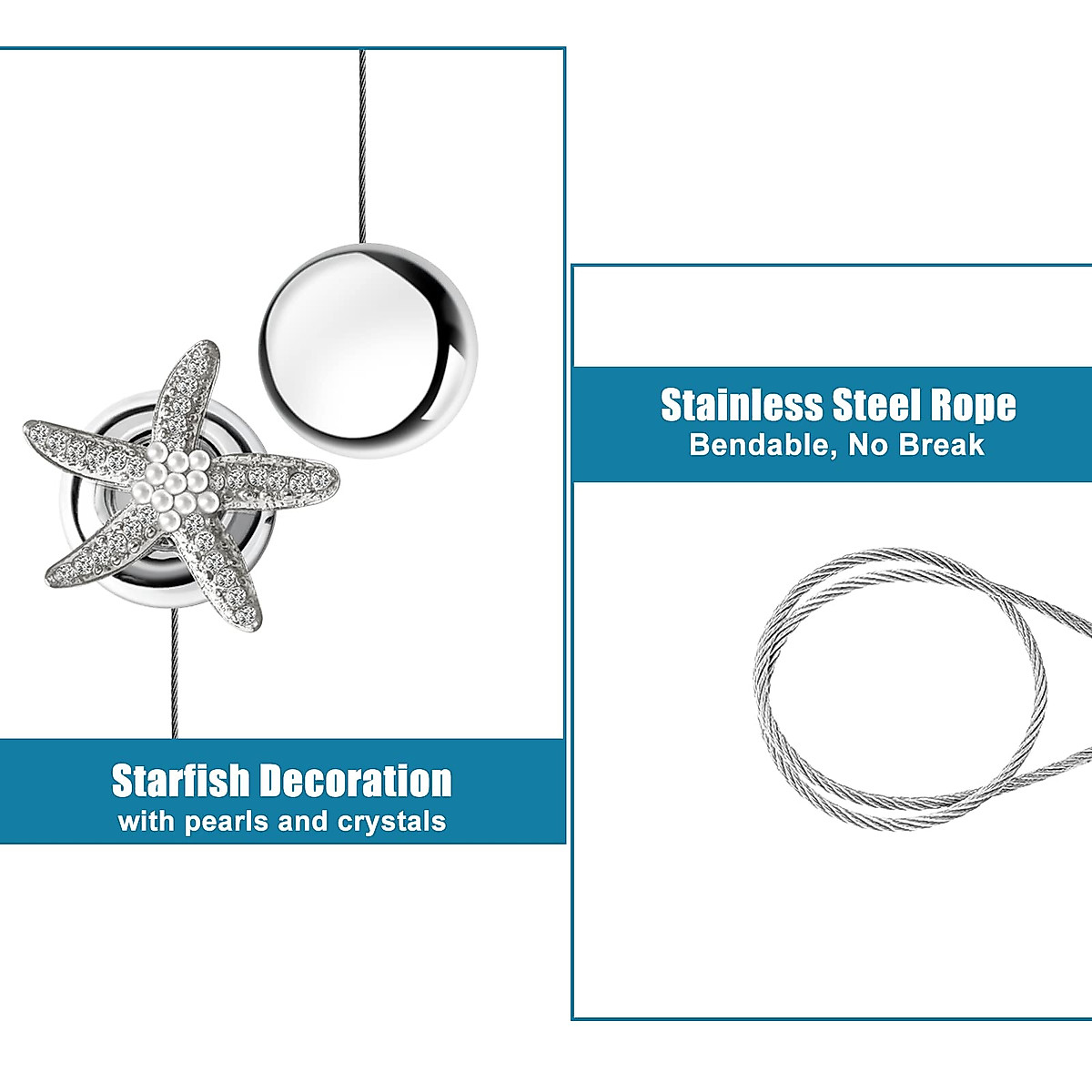 KOLAKO Curtain Tiebacks, Magnetic Curtain Holdbacks Silver Crystal Drapery Magnet Pearl Decorative Modern Curtain Buckle Starfish Metal Curtain Holders No Drill, Ties Backs for Curtains 4 Pack