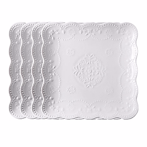 Jusalpha Square Embossed Lace Ceramic Plate-Tableware Set 4 Pieces (10 Inches, White)