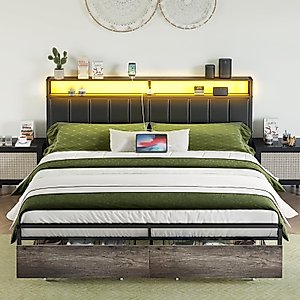 AMERLIFE LED Bed Frame with Drawers, King Platform Bed Frame with 2-Tier Storage & Leather Upholstered & Charging Station Headboard, No Box Spring Needed, Easy Assembly, Noise Free, Rustic Grey