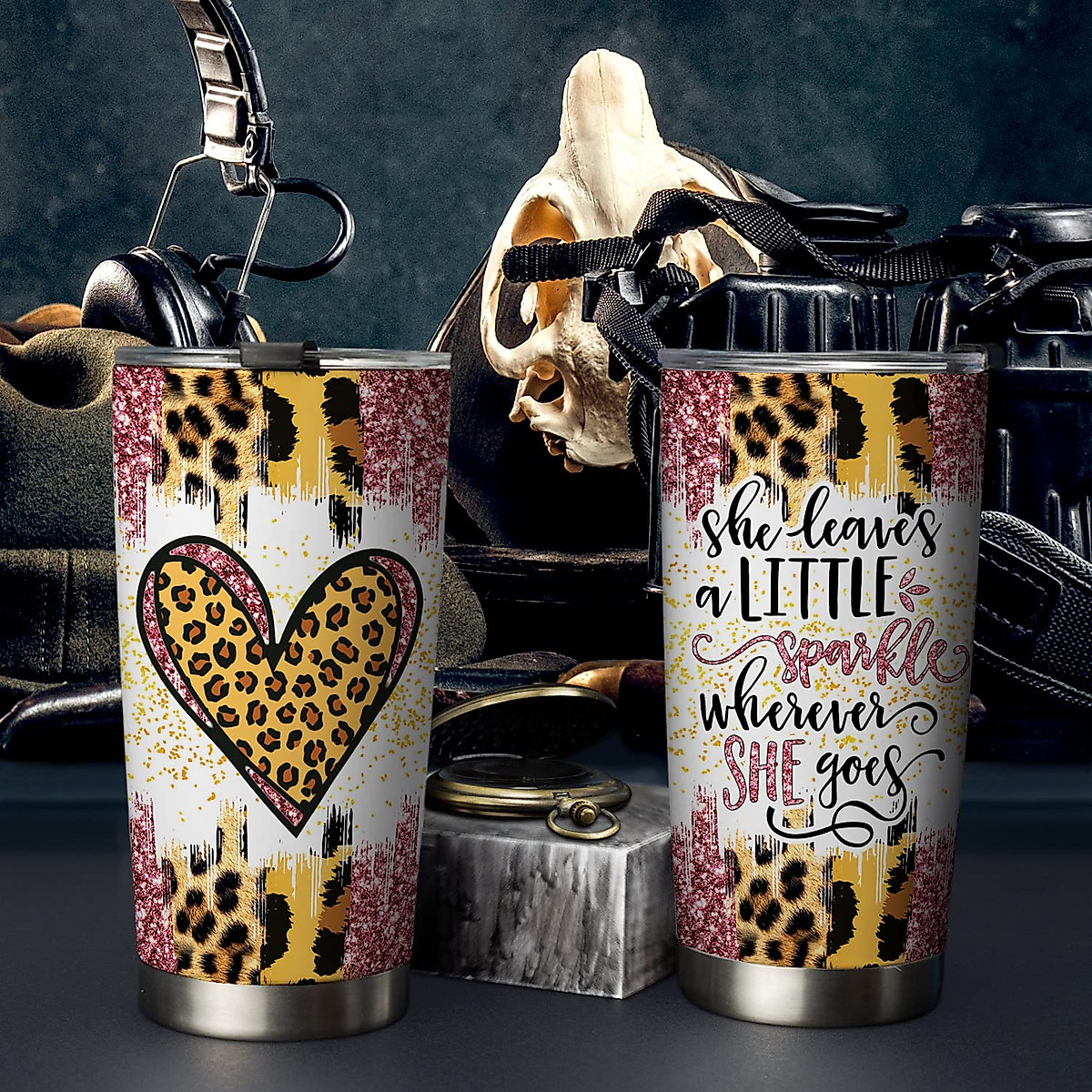 20oz Leopard Pattern Mom Tumbler, She Leaves a little Sparkle wherever She Goes, Mother, Grandma Gifts, Coffee Thermos, Stainless Steel Double Wall Vacuum Insulated Coffee Mug, Travel Cup with Lid