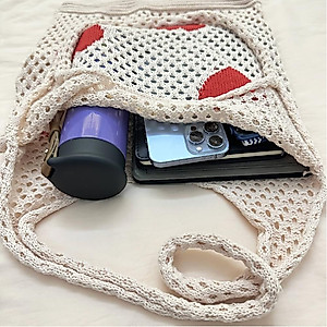 Arcimatto Crochet Tote Bag, Women Summer Aesthetic Mesh Beach Bags, Girls Hobo Bags Y2k Purse Fairy Grunge Accessories (Beige 3 Hearts)