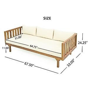 Merax Outdoor 3 Seater Daybed, Acacia Wood Day Bed Couch Sofa with Cushions for Patio Backyard, Garden, Beige