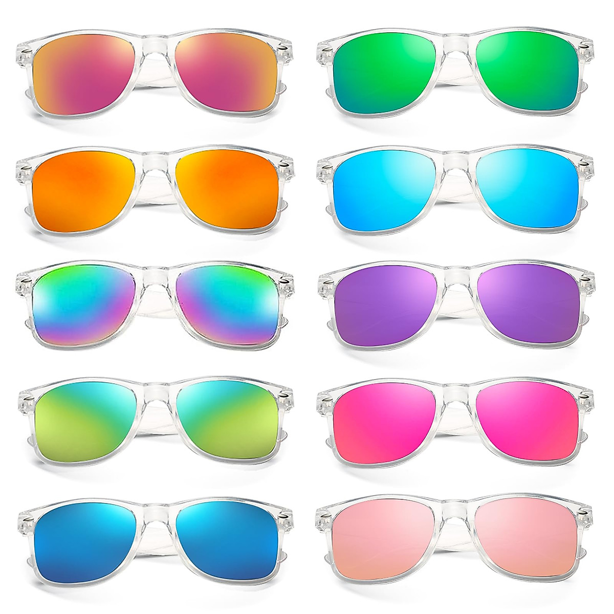 SUNOVELTIES 10 Pack Colored Sunglasses Clear Frame Mirrored Lens Bulk Party Glasses Classic Eyewear Birthday Beach Pool Unisex Adults