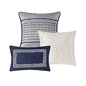 Madison Park King Quilt Set Lustrous Jacquard & Glitter Accent Coverlet Set for King Size Bed - All Season, Lightweight King Quilt Set, Shams, Decorative Pillow, King/Cal King Chevron Grey/Navy
