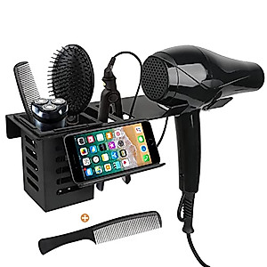Blow Dryer and Straightener Holder, Yimerlen Hair Holder Wall Mounted Tools Organizer, Bathroom Ultifunctional Straighteners (with Mobile Phone Holder, Black)