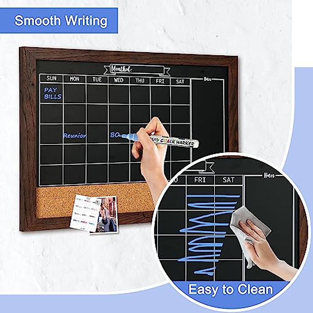 4 THOUGHT Chalkboard Calendar Corkboard Combo, 12" x 16" Small Bulletin Board Magnetic Calendar Chalkboard for Wall Combination Board Monthly Planner Rustic Brown Frame 1 Markers 6 Magnets 4 Pushpins