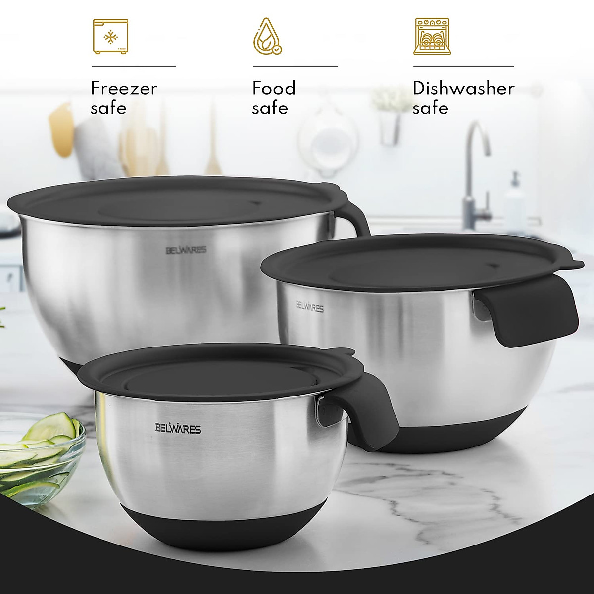 Belwares Mixing Bowls with Lids Set - Nesting Bowls with Graters, Handle, Pour Spout, Airtight Lids - Stainless Steel Non-Slip Mixing Bowl for Cooking, Baking, Prepping, Food Storage (Set of 3)