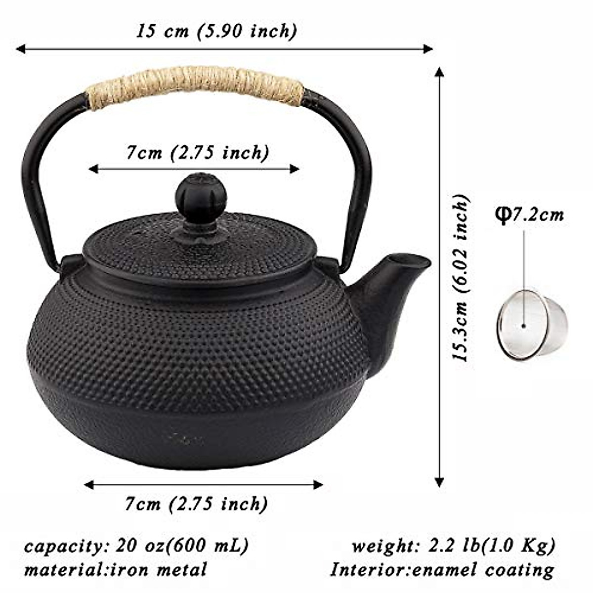 tetsubin Cast iron tea kettle japanese workshop teapot hobnail pattern with Stainless Steel Infuser【20 oz black】