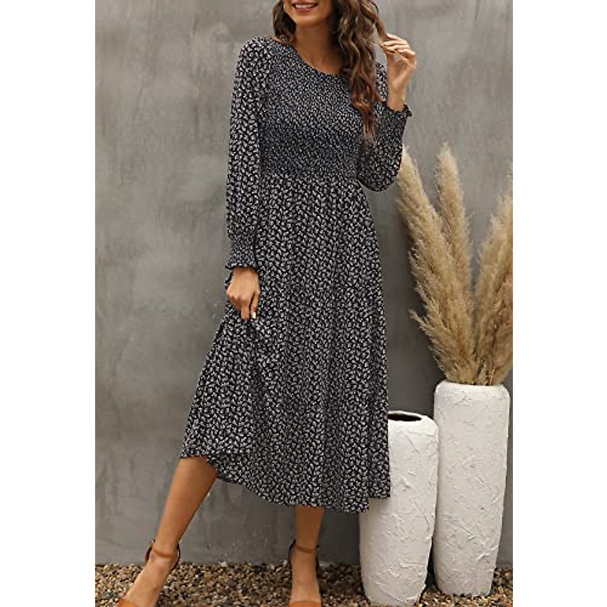 Zattcas Long Sleeve Fall Dress for Women Modest Puff Sleeve Floral Midi Dress Black XL