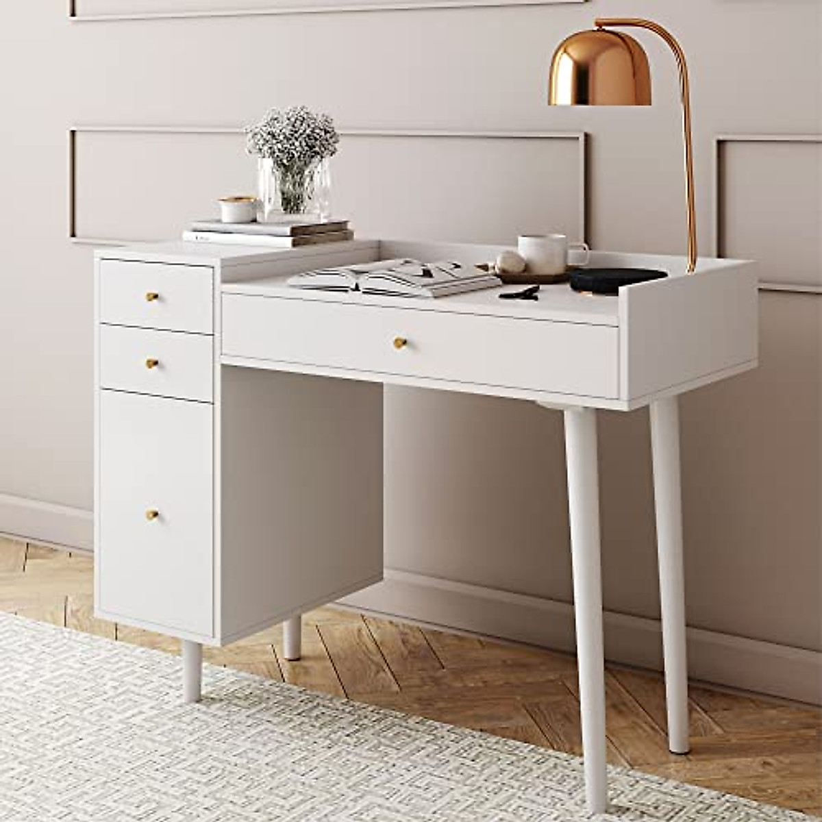 Nathan James Daisy Vanity Dressing Table or Makeup Desk with 4-Drawers and Brass Accent Knobs, White Wood