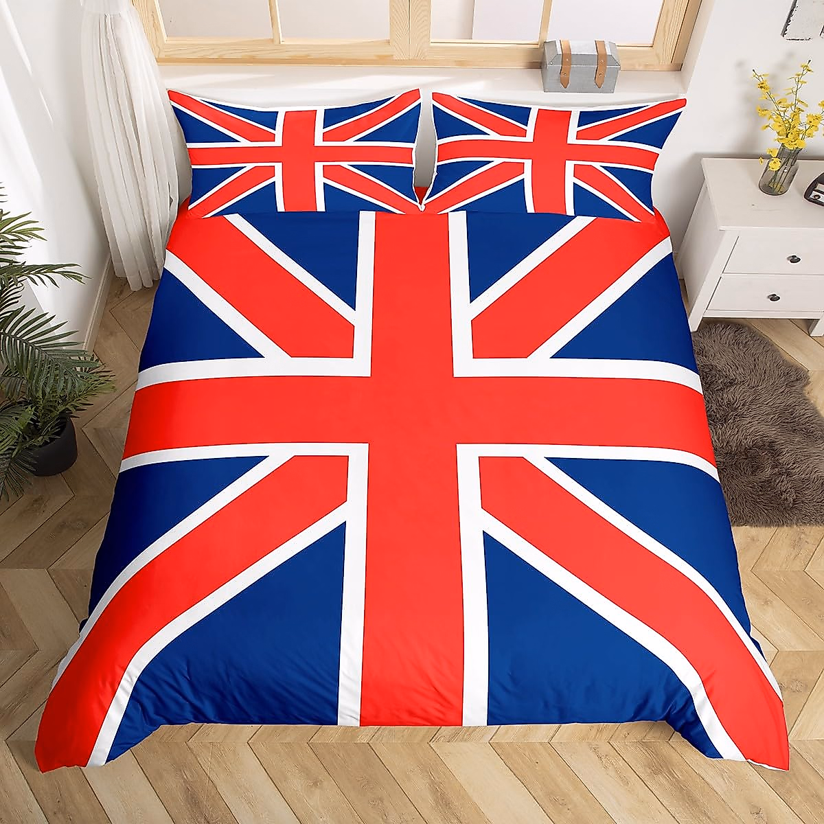 Feelyou Catalonia Union Jack Duvet Cover UK Flag Bedding Set British Flag Comforter Cover Gift for British Bedspread Cover Red and Blue Geometric Stripes Twin Size with 1 Pillow Case (No Comforter)