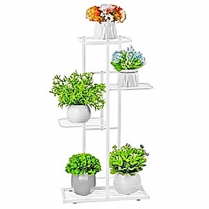JEPRECO Metal Plant Stand 4 Tier 5 Potted, Multiple Flower Pot Holder Shelves Organizer Rack for Garden Balcony Patio Living Room Indoor Outdoor, White
