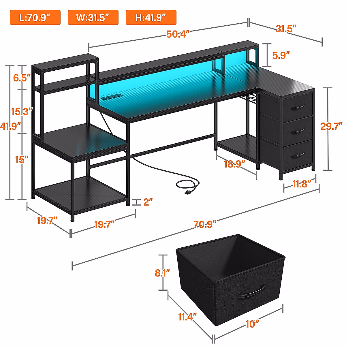 EnHomee 70.9" L Shaped Gaming Desk with Drawers Reversible L Shaped Computer Desk with Power Outlet & LED Lights Home Office Desk with Storage Shelves and Monitor Stand Corner Desk, Black Carbon Fiber