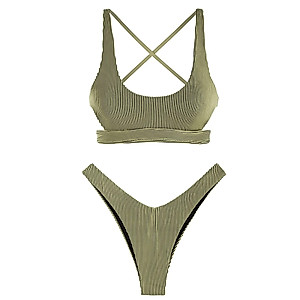 ZAFUL Womens Bikini Set Cutout Scoop Neck Two Piece Bathing Suit Criss Cross Back Tie Swimwear Green
