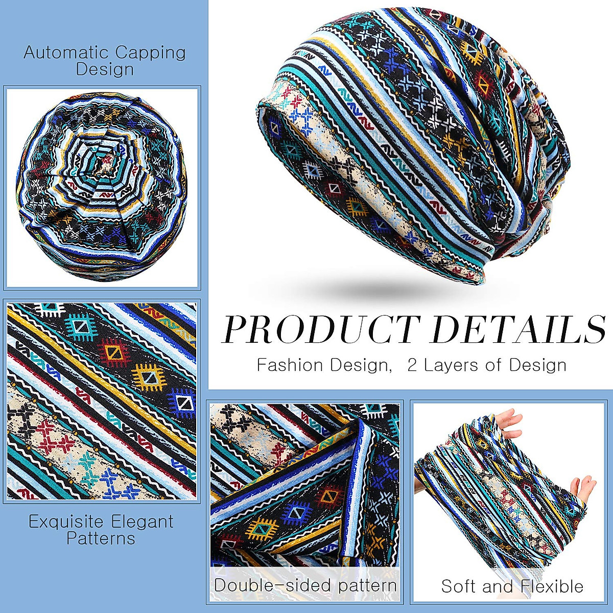 5 Pieces Women's Slouchy Beanie Hat Stretch Turban Hats Cancer Headwear Caps Baggy Skull Sleep Scarf (Striped Style) Multicoloured