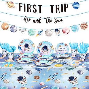 Pasimy 175 Pcs First Trip Around the Sun Birthday Party Supplies Outer Space 1st Birthday Decorations Plates Banner Napkins Tablecloth Solar System Galaxy Tableware Set Baby Shower Decor for 24 Guests