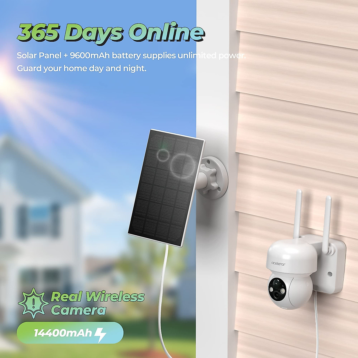 Solar Security Camera Outdoor with Solar Powered, 2K 3MP Color Night Vision PTZ WiFi Camera Built-in 9600mAh Battery with Motion Detect