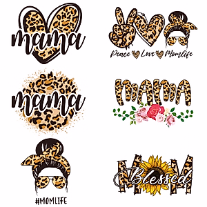 Whaline 6 Sheet Mama Iron On Transfers Patches Leopard Patterns Heat Transfer Iron Patches Leopard Momlife Heat Transfer Stickers for Clothing Fabric DIY Craft Costume Decor