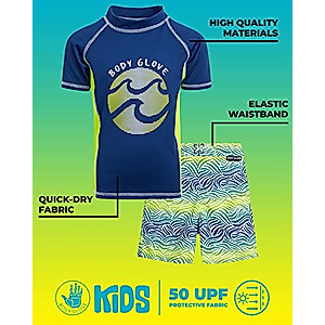 Body Glove Boys’ Rash Guard Set - UPF 50+ Swim Shirt and Bathing Suit Trunks - Swimwear Set for Boys (4-12), Size 8, Navy Green Swirls