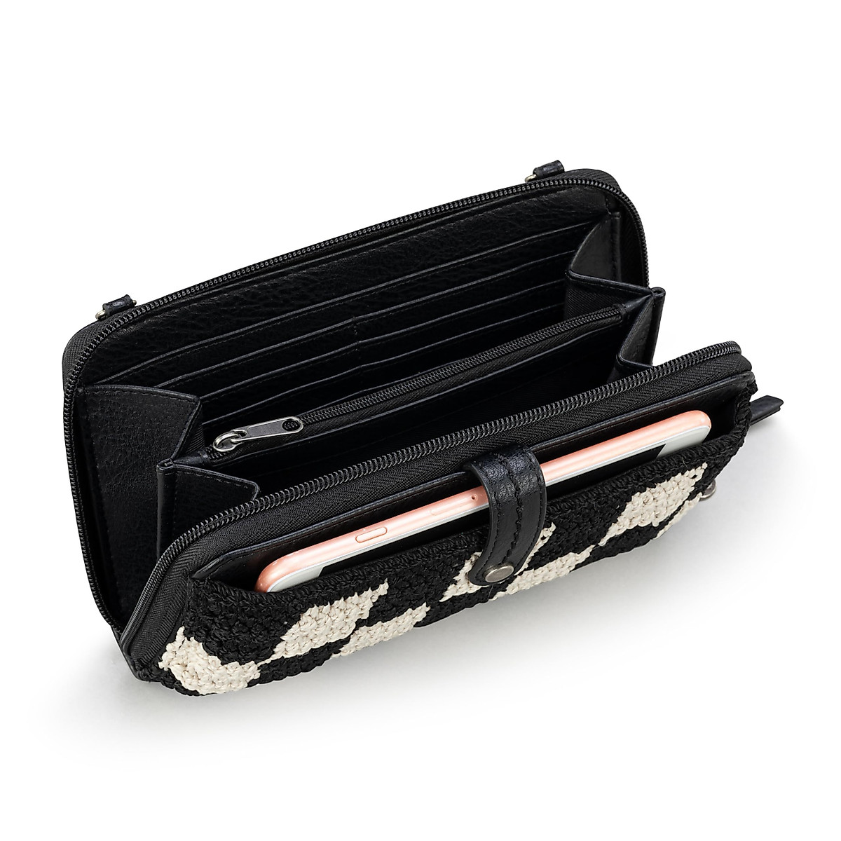 The Sak Iris Smartphone Crossbody Purse - Women's Cellphone Bag & Wallet For Everyday - Convertible Wristlet With Zipper in Black Check/Crochet