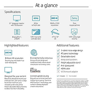 HP New Premium 27f 4K Monitor: 27" UHD 3840 x 2160 (4K) IPS Micro-Edge Display, AMD FreeSync Tech, Height/Tilt Adjustment, HDMI, DisplayPort, 5ms Response time, 16:9 Aspect Ratio, 60Hz,TF HDMI Cable