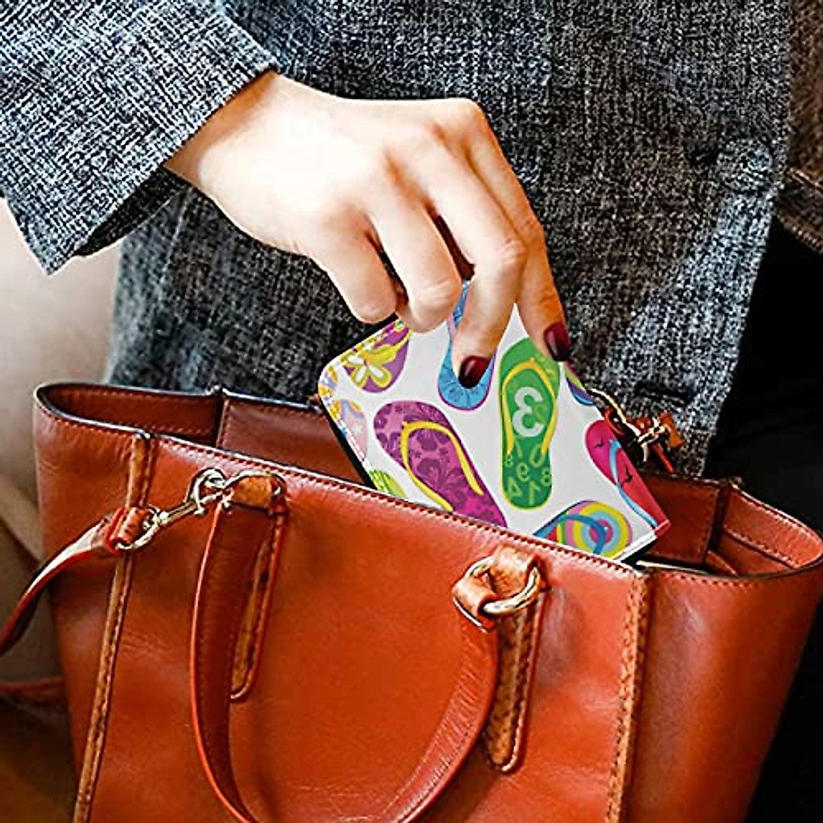 Colorful Flip Flops Beach Sandals On White Grey Credit Card Coin wallet, RFID Blocking Compact Women Leather Card Holder, Key Change Organizer, Zipper Purse Clutch Pouch Pocket
