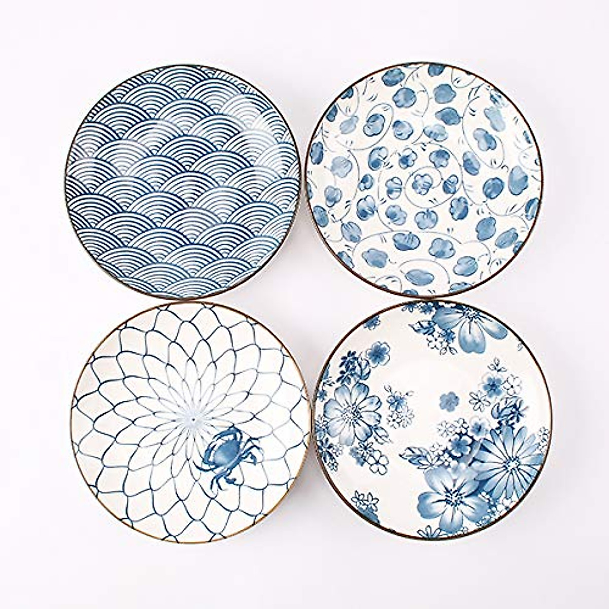 YALONG Ceramic Japanese Dinner Plates Set 7 Inch Appetizer Shallow Plates Serving Lunches, Cheese Salad, Dessert Set of 4 Assorted Motifs Microwave & Dishwasher Safe