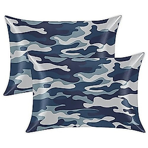 Camo Blue Forest Texture Satin Pillow Cases Silk Satin Pillowcase for Hair and Skin Standard Set of 2 Super Soft Silk Pillowcase with Envelope Closure (20x26 in)