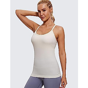 CRZ YOGA Seamless Workout Tank Tops for Women Racerback Athletic Camisole Sports Shirts with Built in Bra White Apricot Medium