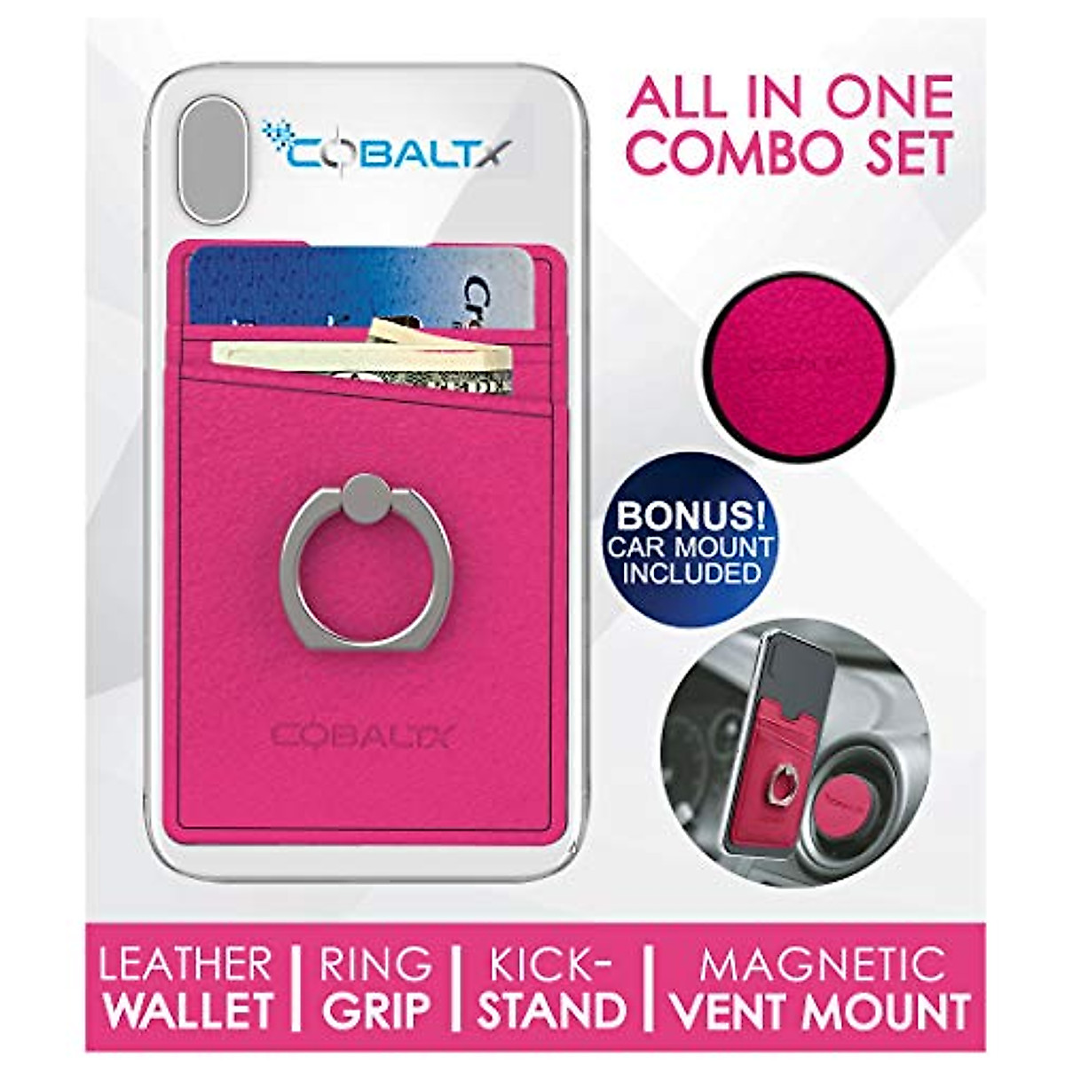 COBALTX Leather Cell Phone Ring Wallet Adhesive and Matching Magnetic car Vent Mount Card Holder Back of Phone All in one Combo Wallet Ring Grip Kick Stand Phone Wallet Stick on with Ring (Hot Pink)