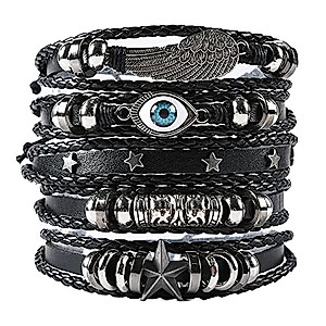 BUSSLANDY Braided Leather Bracelets for Men Women Cuff Wrap Bracelet Stackable bracelet Evil Eye Stars Wings Retro Set Wood Ethnic Tribal Bracelets Adjustable