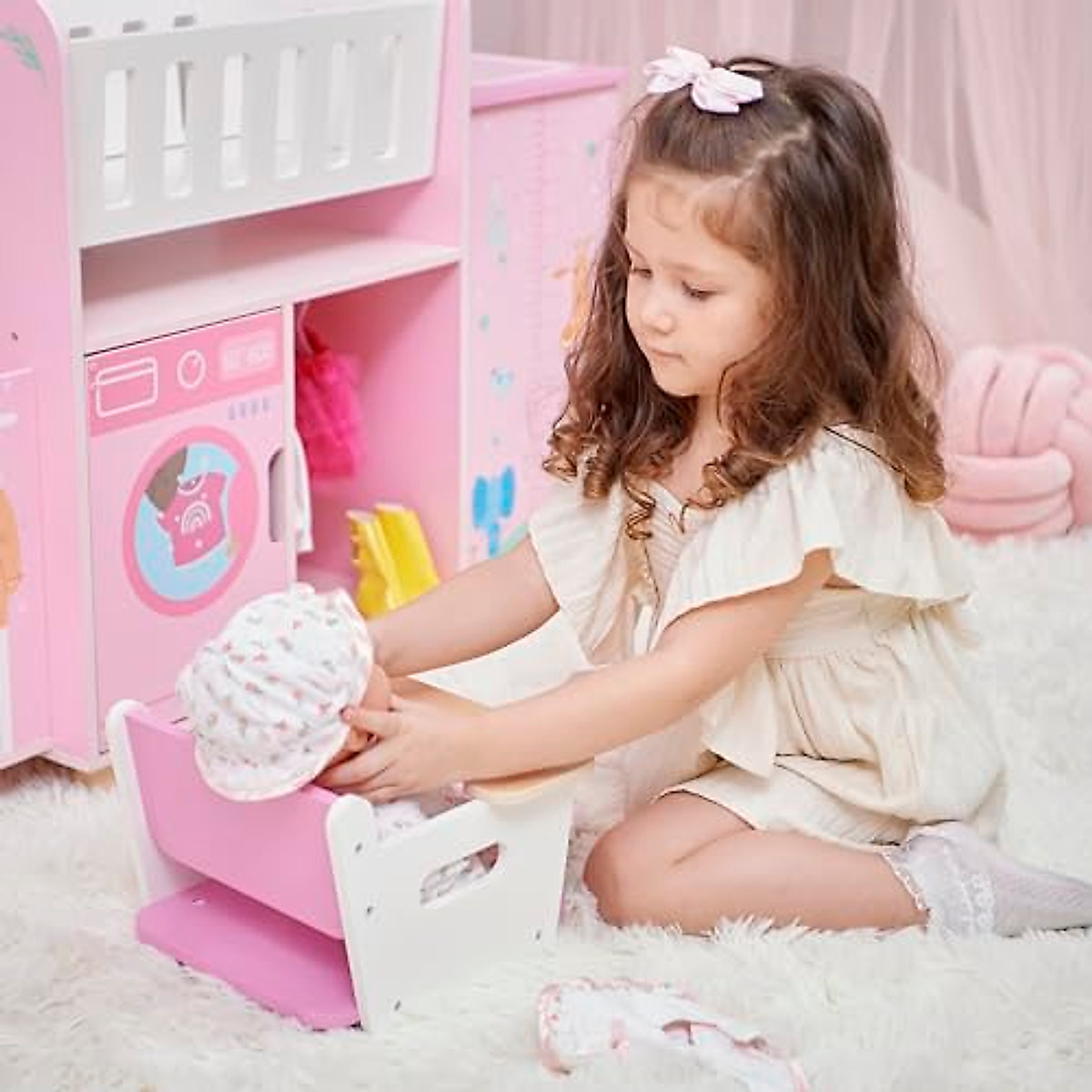 Olivia's Little World Amanda 6-in-1 Wooden Doll Nursery Station with Rocking Cradle, High Chair, Storage, Washing Machine and Sink - for 3 yrs and up, Pretend Play House, Daycare - Pink/Multi