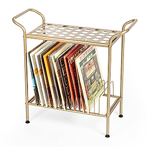 Ilyapa 2-Tier Record Player Stand with Vinyl Storage - Gold Metal Vinyl Record Stand with Shelves for Records - Vinyl Record Table, Record Player Table, Vinyl Stand - Turntable Stand with 14 Slots