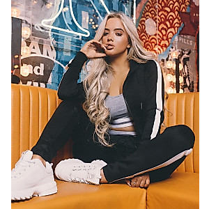 TEZO Womens Full Zip-Up Hoodie Tracksuit Set Long Sleeve Casual Jogging Suits Workout Gym 2 Piece Outfits with Pockets(BKWT XL)