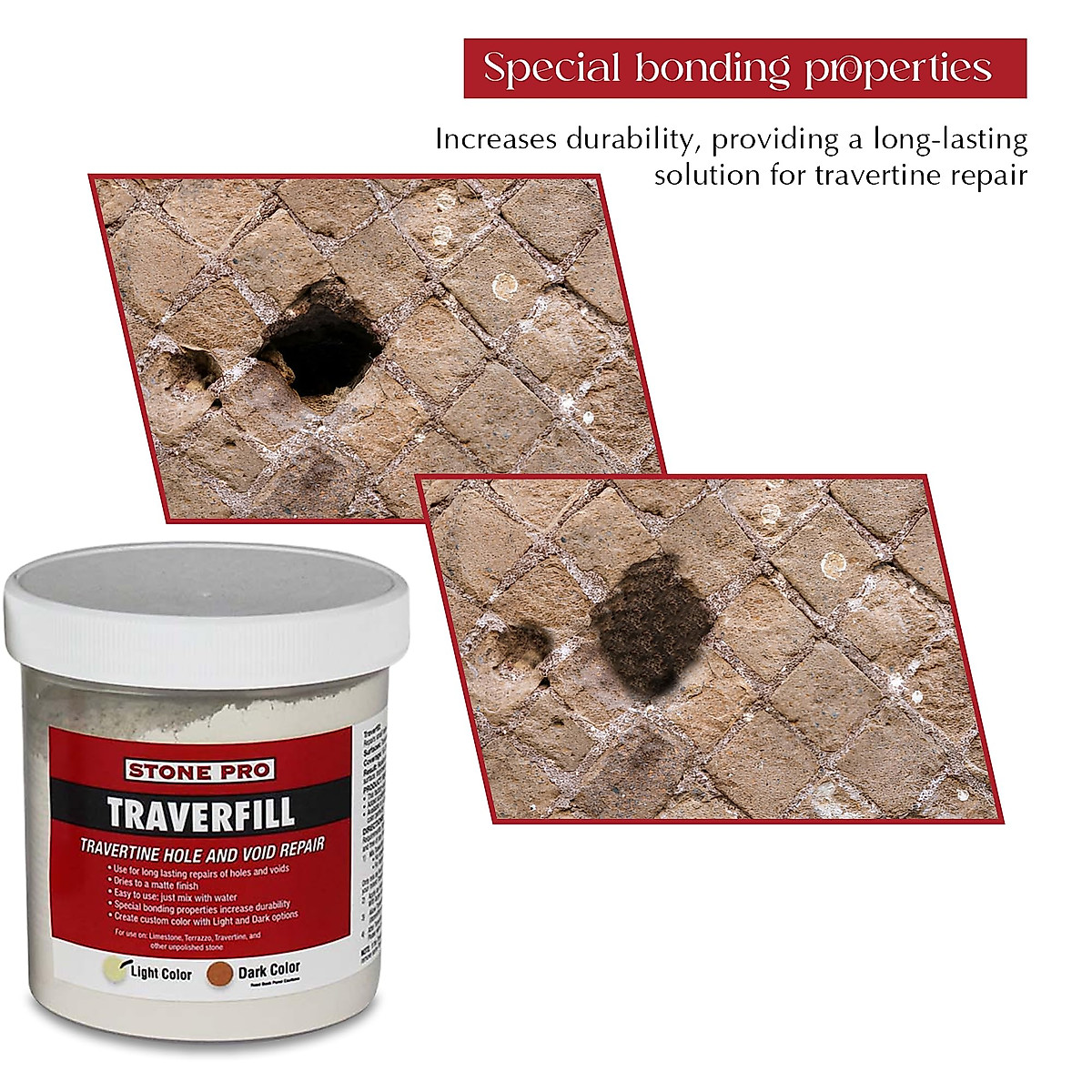 StonePro Traverfill - Travertine Repair - Fills Smalls pits, Holes & voids in Travertine & Limestone (Light 1 lb)
