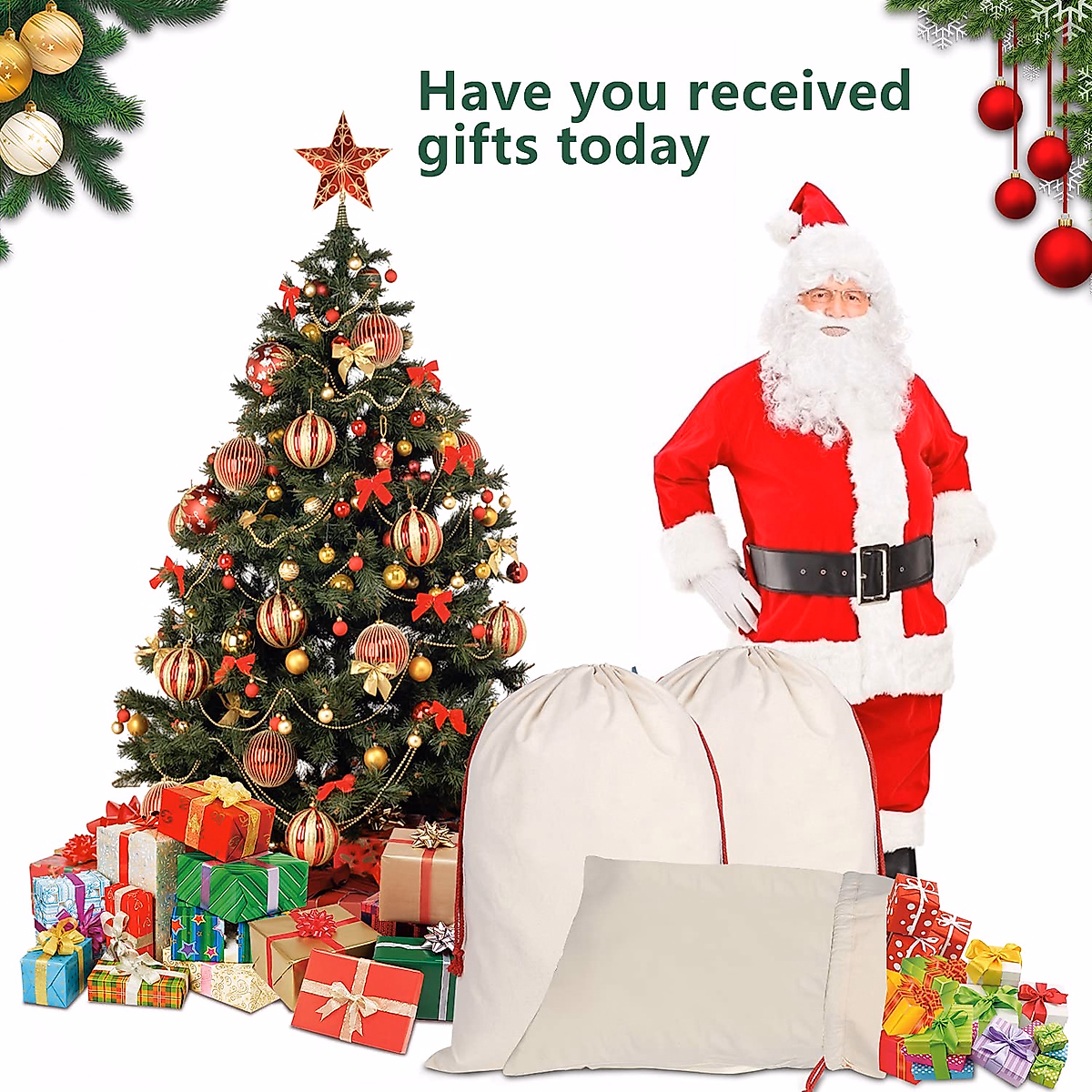 Inspireyee 6 Pack Large Christmas Bag Santa Sacks Xmas Canvas Cotton Xmas Sack Stocking with Drawstrings (Pattern 7, 19.5 X 27.5)