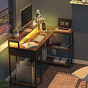 SUPERJARE L Shaped Gaming Desk with LED Lights & Power Outlets, Reversible Computer Desk with Shelves & Drawer, Corner Desk Home Office Desk, Rustic Brown