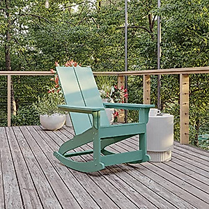 Flash Furniture Finn Modern Commercial Grade Poly Resin Wood Adirondack Rocking Chair - All Weather Sea Foam Polystyrene - Dual Slat Back - Stainless Steel Hardware